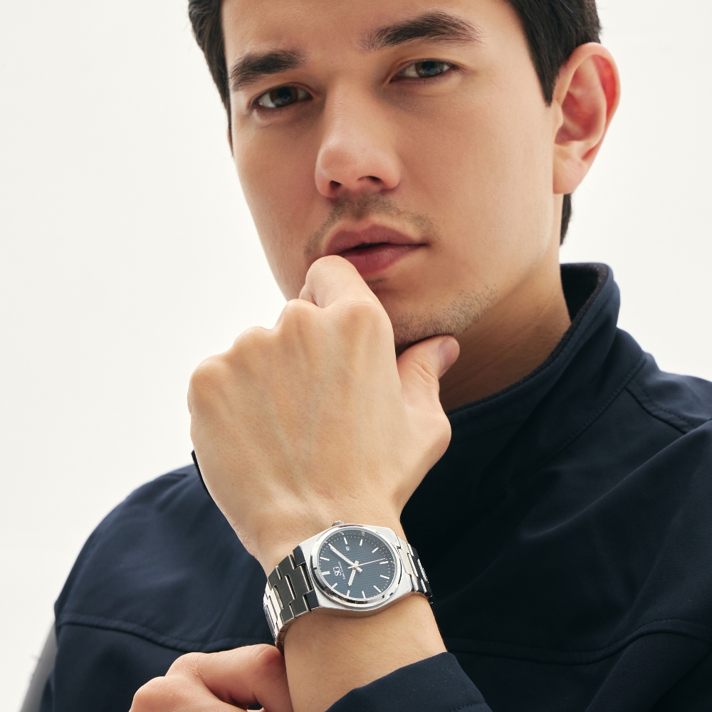Relógio Masculino Hudson Prata com Fundo Azul - Design Sofisticado