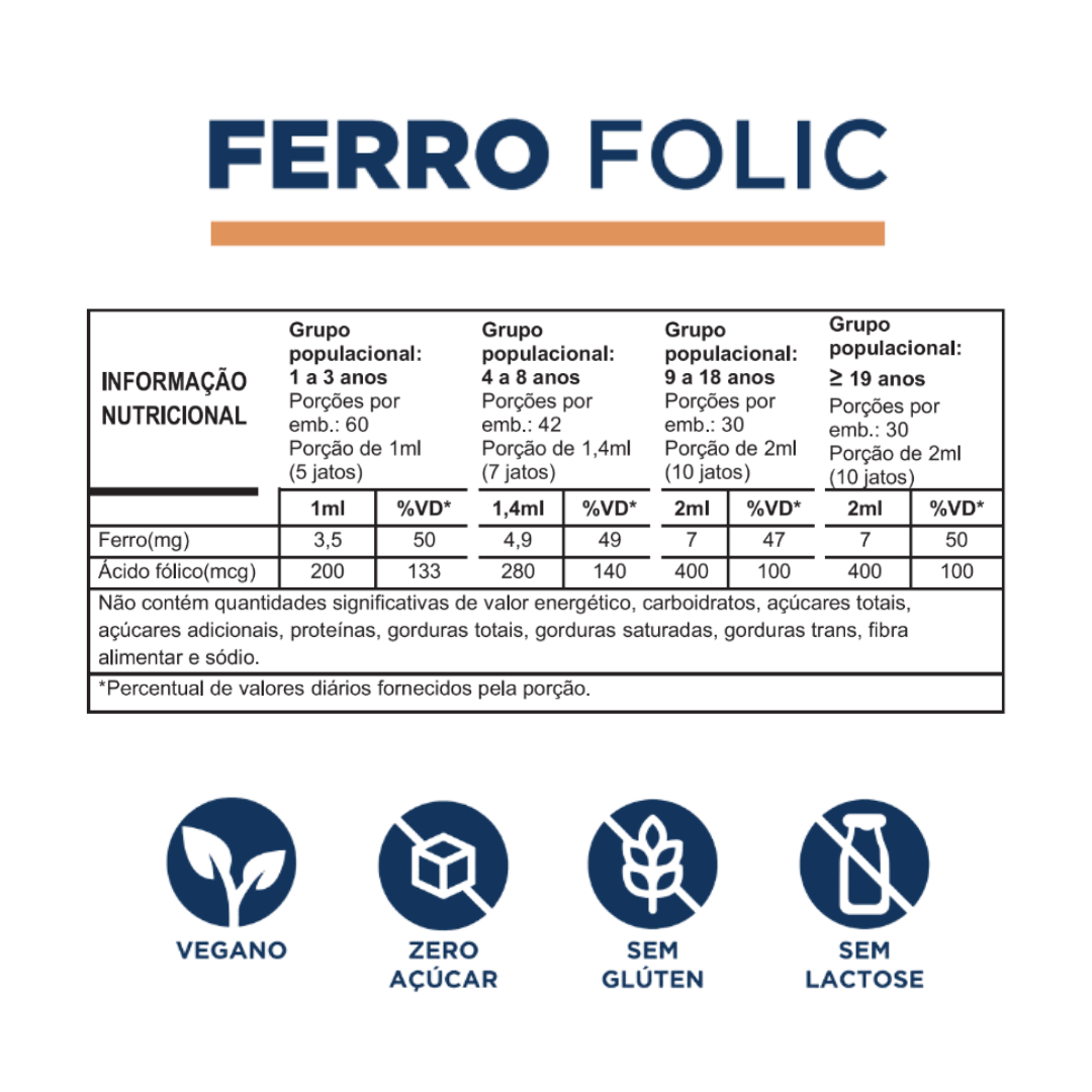 Ferro Folic Spray Sublingual 60ml - Suplemento de Ferro e Ácido Fóli