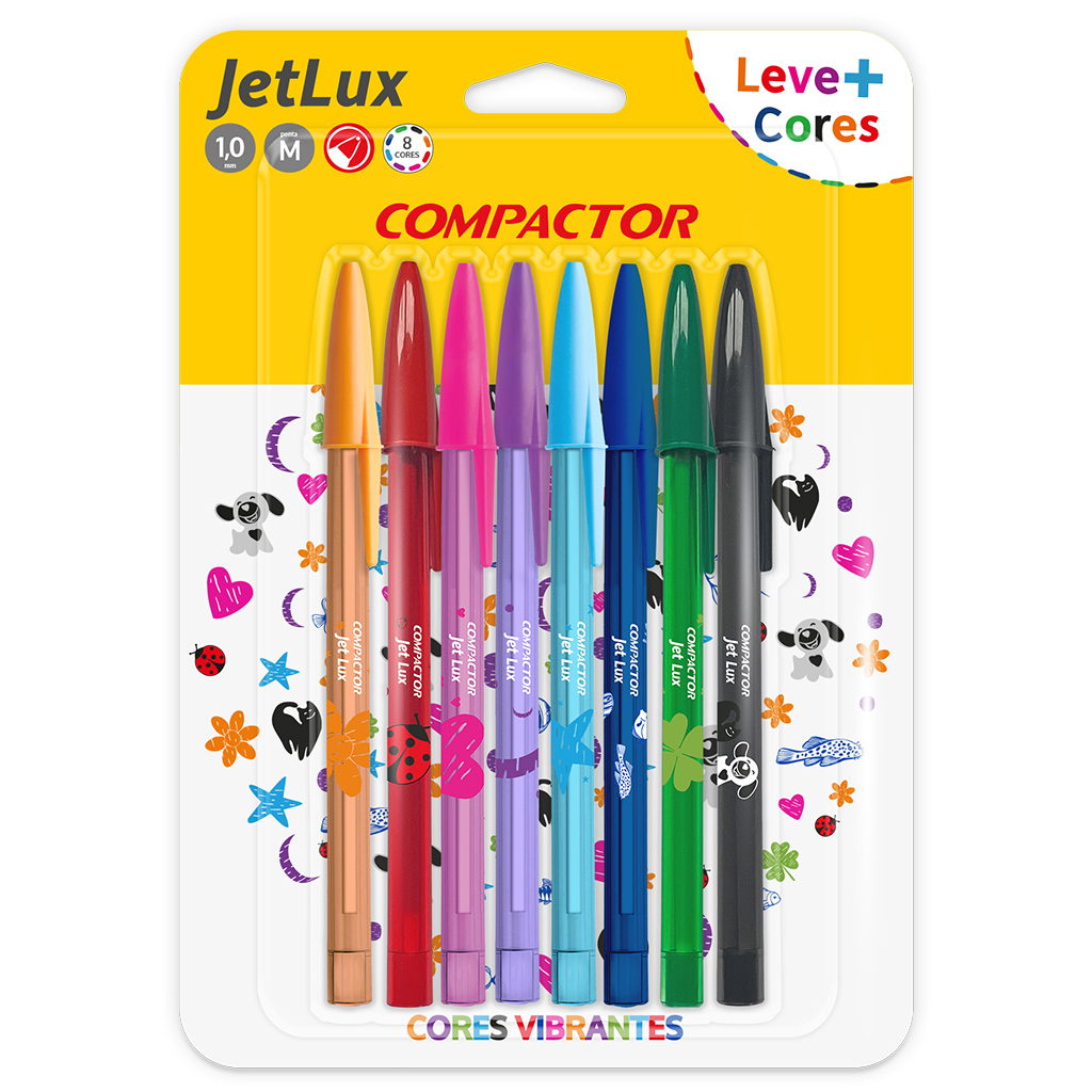 Caneta Jet Lux Blister 8 Cores Novas Compactor Traço Médio 1.0mm