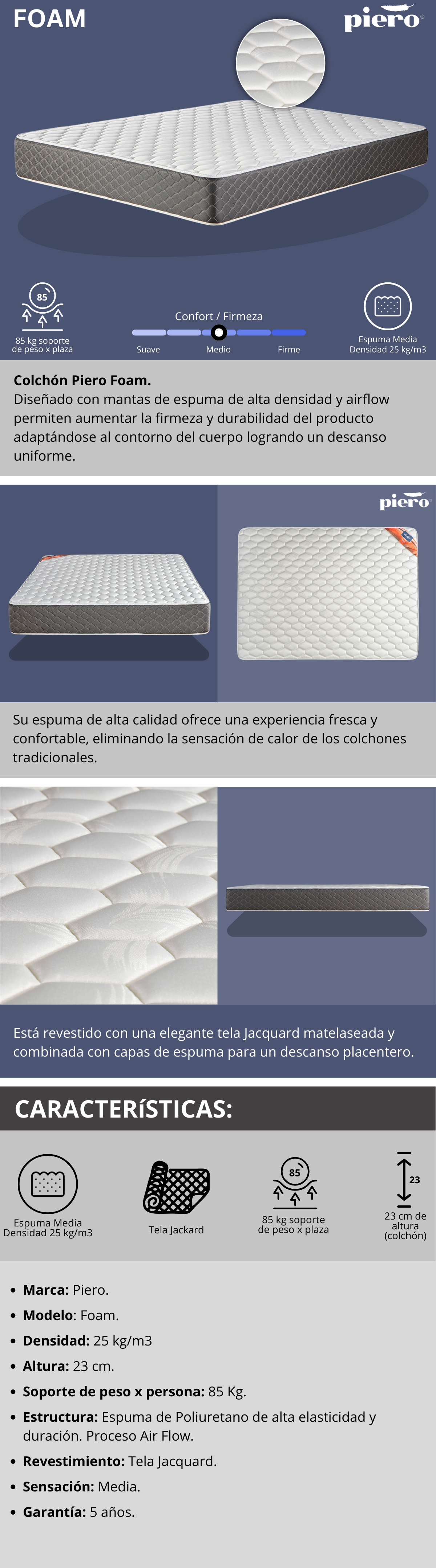 Colchón Piero Foam - Espuma - Dos Plazas 190 x 140 cm