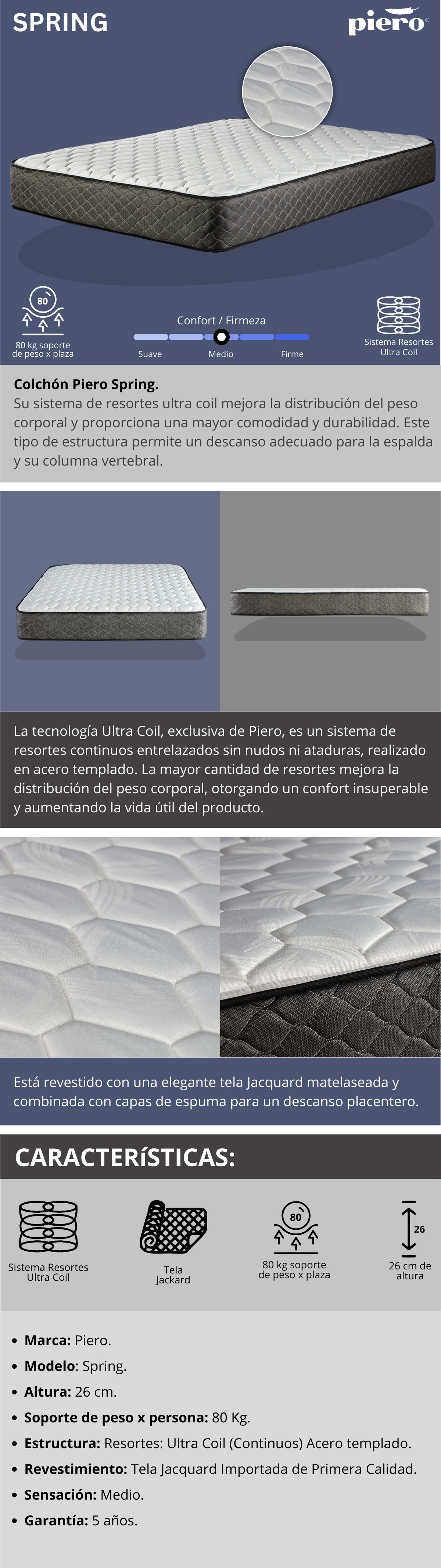 Colchón Piero Spring - Resortes Ultra Coil - Una Plaza 190 x 80 cm