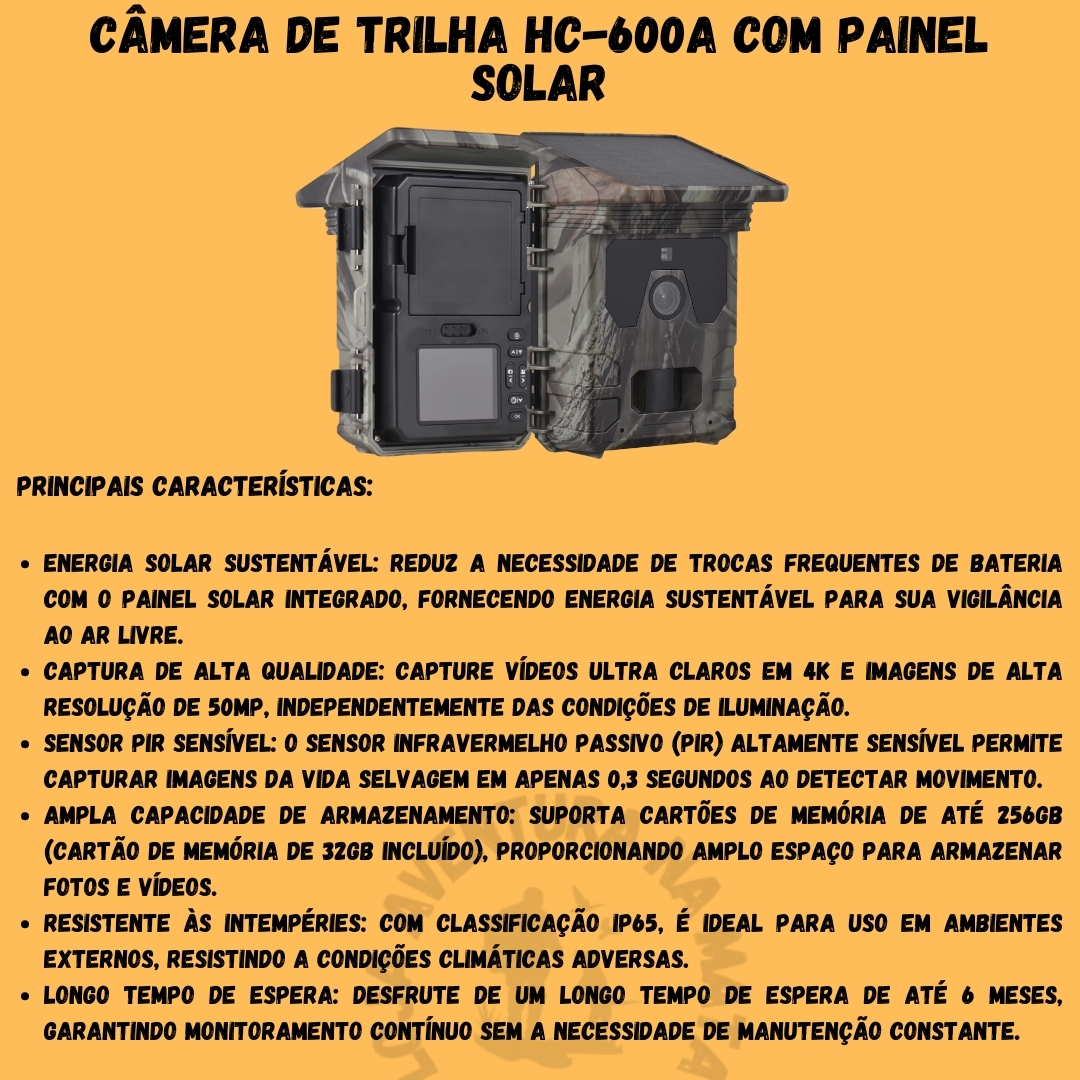 Câmera de Trilha HC-600A com Painel Solar 4K