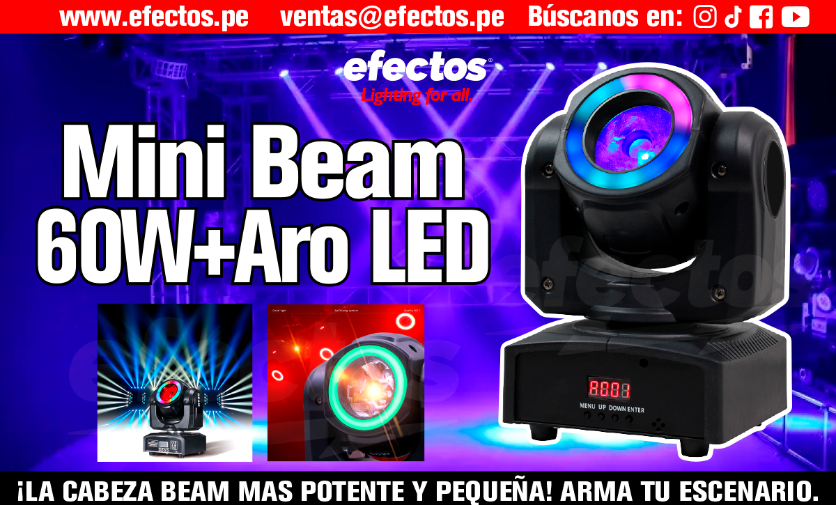 Cabeza Móvil Beam 60W LED DMX con Strip para Disco y Karaoke
